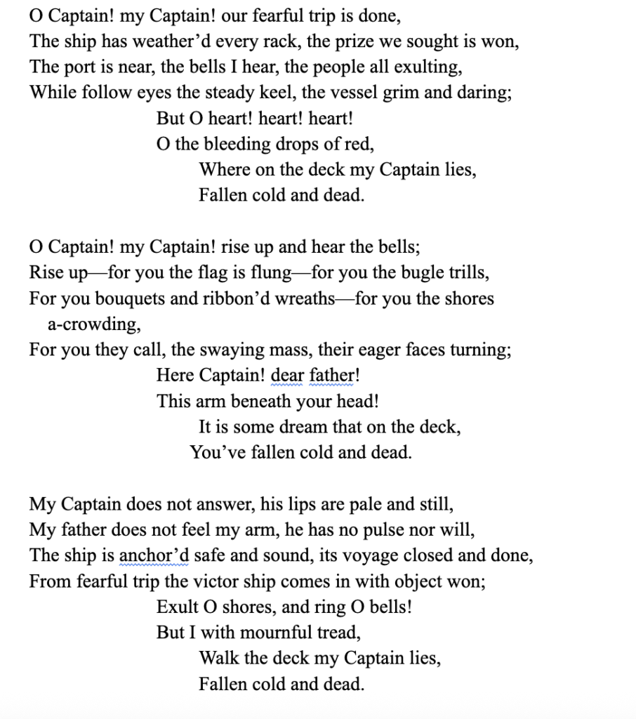 Writers.com | O Captain! My Captain by Walt Whitman